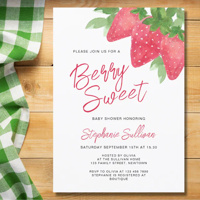 Berry Sweet Strawberry Girl's Baby Shower Invitation | Zazzle