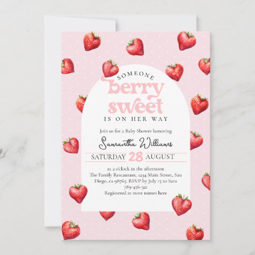 Berry Sweet Strawberry Heart Girl Baby Shower Invitation | Zazzle