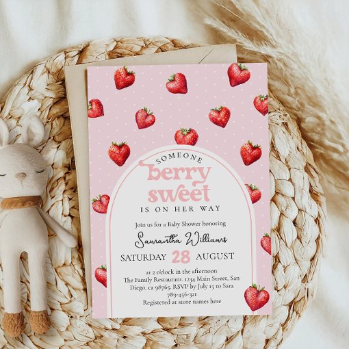 Berry Sweet Strawberry Heart Girl Baby Shower Invitation | Zazzle