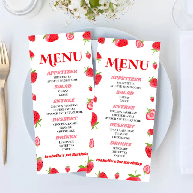Berry Sweet Strawberry Pink Red Birthday Party Menu | Zazzle