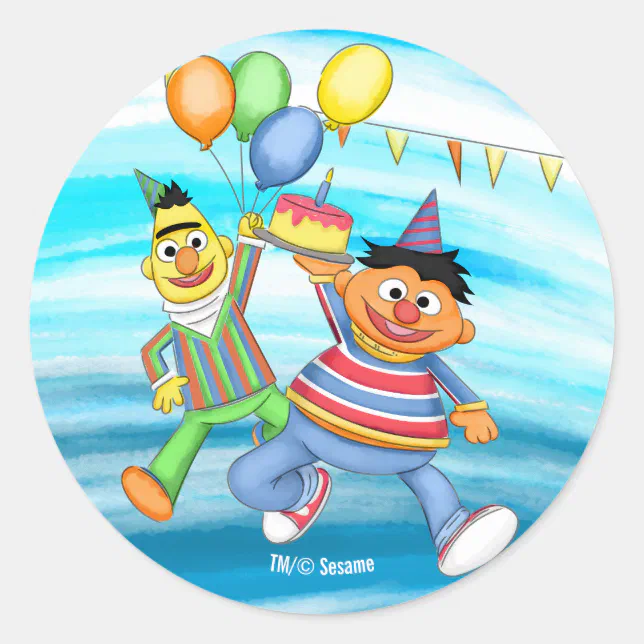 Bert and Ernie Birthday Balloons Classic Round Sticker | Zazzle