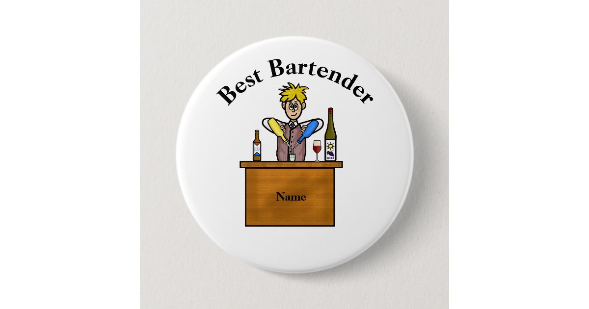 Best Bartender Button - Cartoon Male Bartender | Zazzle