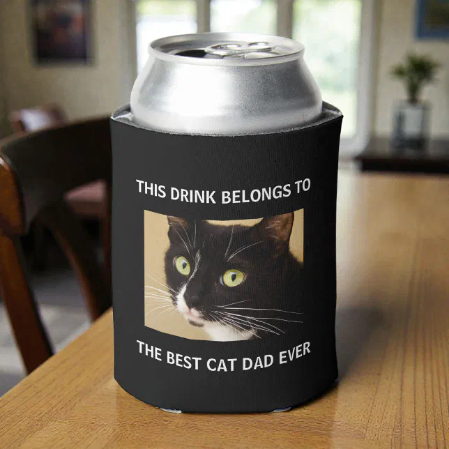 Best Cat Dad Ever Custom Photo Black Can Cooler | Zazzle