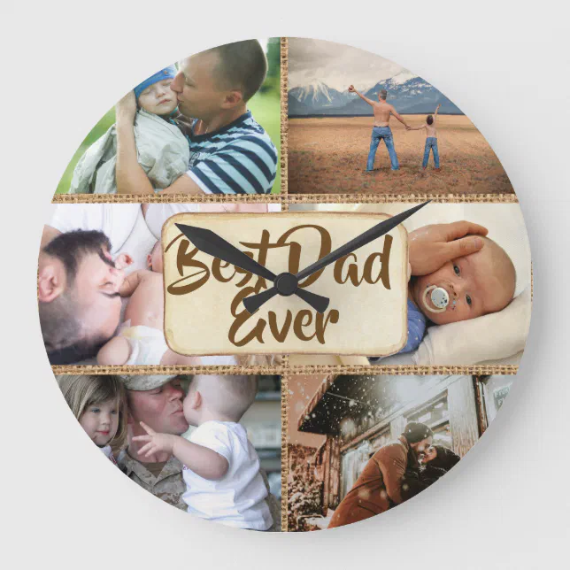 Best dad ever DIY 6 photo rustic jute picture Large Clock | Zazzle