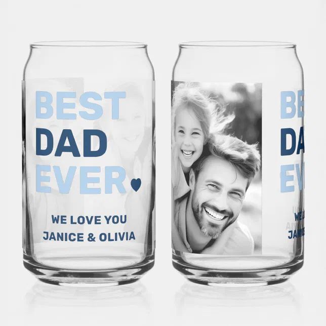 Best dad ever heart blue fathers day photo can glass | Zazzle