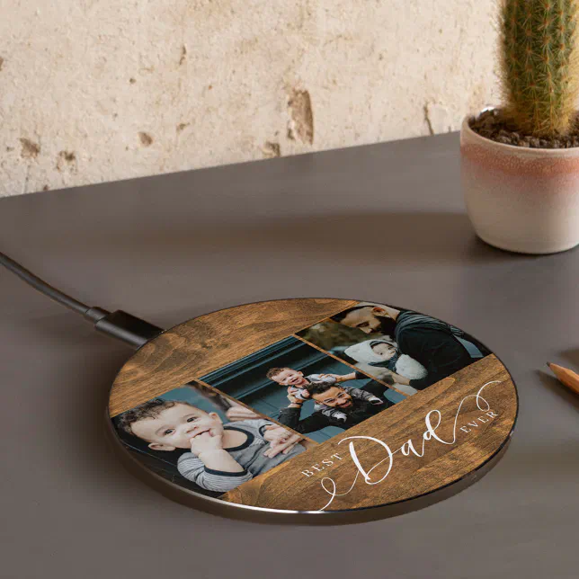 Best Dad Ever Woodgrain Fathers Day Photo Collage Wireless Charger | Zazzle