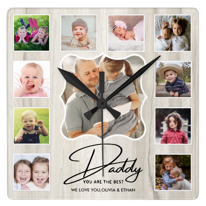 Best Daddy Ever 11 Photo Collage Rustic Wood Square Wall Clock | Zazzle.com