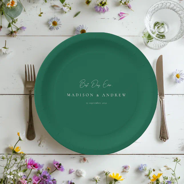 BEST DAY EVER! Modern Minimal Green Wedding Paper Plates | Zazzle