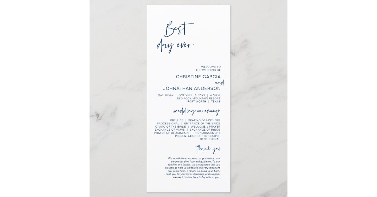 Best day ever, Modern Navy Blue Wedding Program | Zazzle