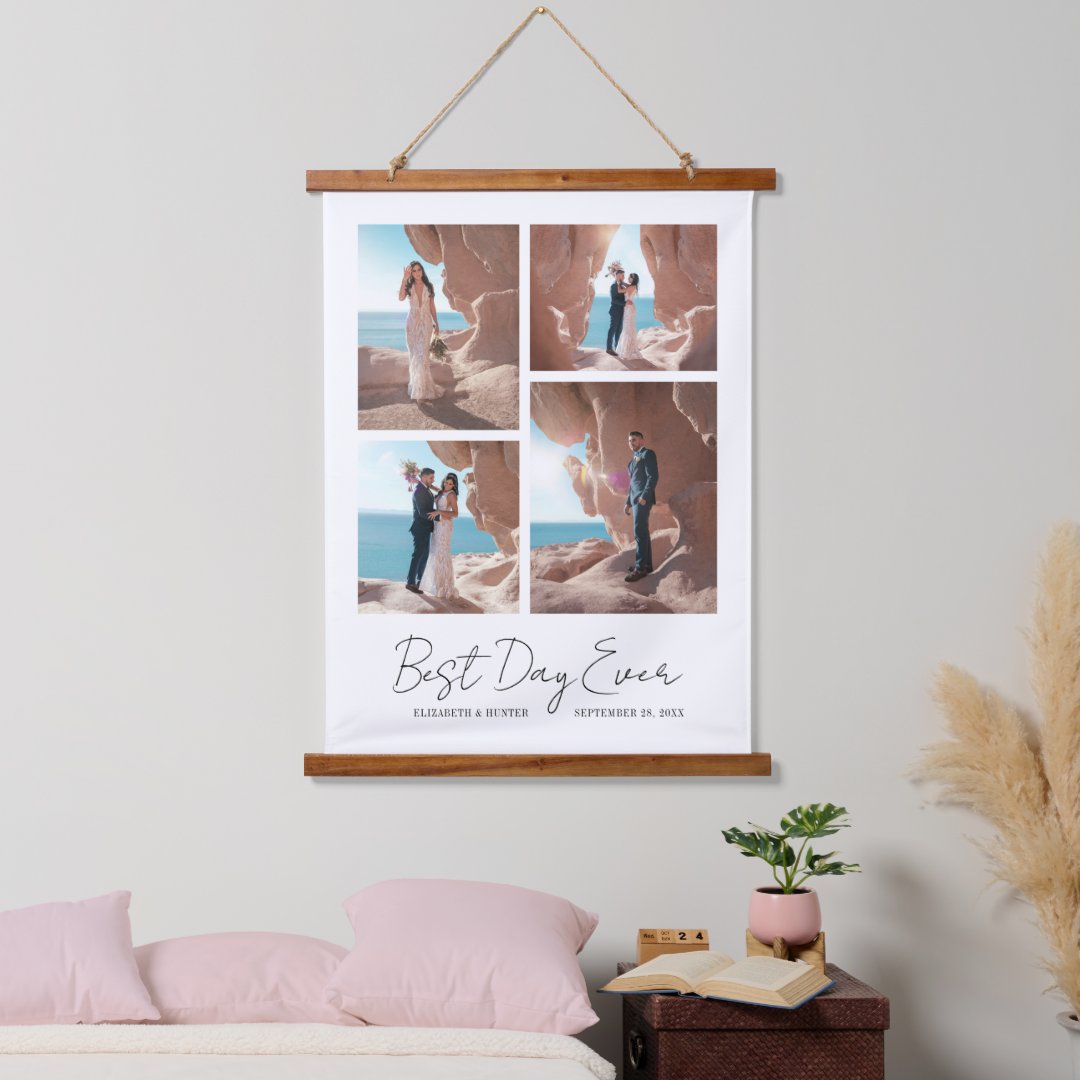 Best Day Ever Newlyweds Wedding 4 Photo Collage Hanging Tapestry | Zazzle