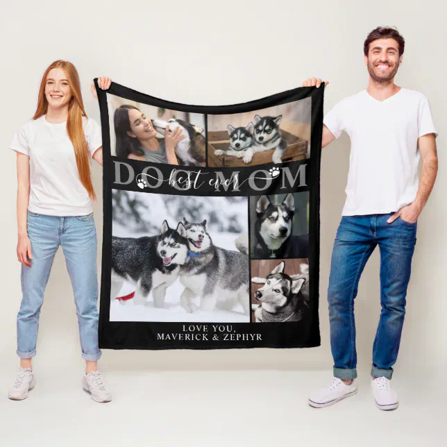 Best Dog Mom Ever Script Pawprints 5 Photo Black Fleece Blanket | Zazzle