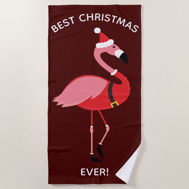 Best Ever Pink Flamingo Santa Burgundy Christmas Beach Towel | Zazzle
