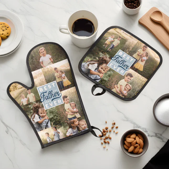 Best Father Ever Custom Family Photo Collage Oven Mitt & Pot Holder Set ...