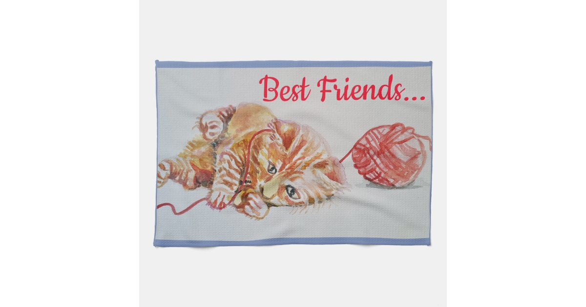 Best Friend Cute Cat Tabby Art Kitchen Tea Towel | Zazzle