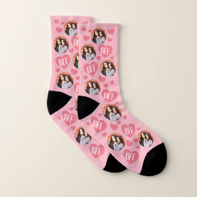 Best Friends BFF Besties Blush Pink Heart Photo Socks | Zazzle