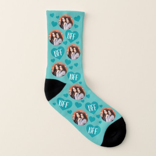 Best Friends BFF Besties Teal Green Heart Photo Socks | Zazzle