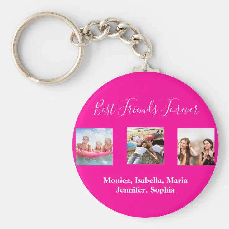Best friends forever BFF photo names hot pink Keychain | Zazzle