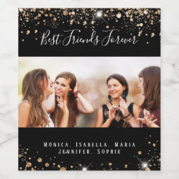 Best friends photo black gold glitter dust wine label | Zazzle