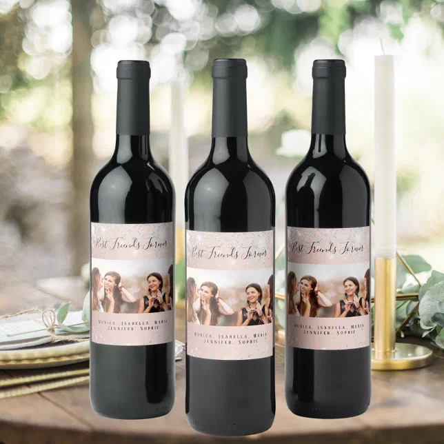 Best friends photo rose gold silver glitter wine label | Zazzle