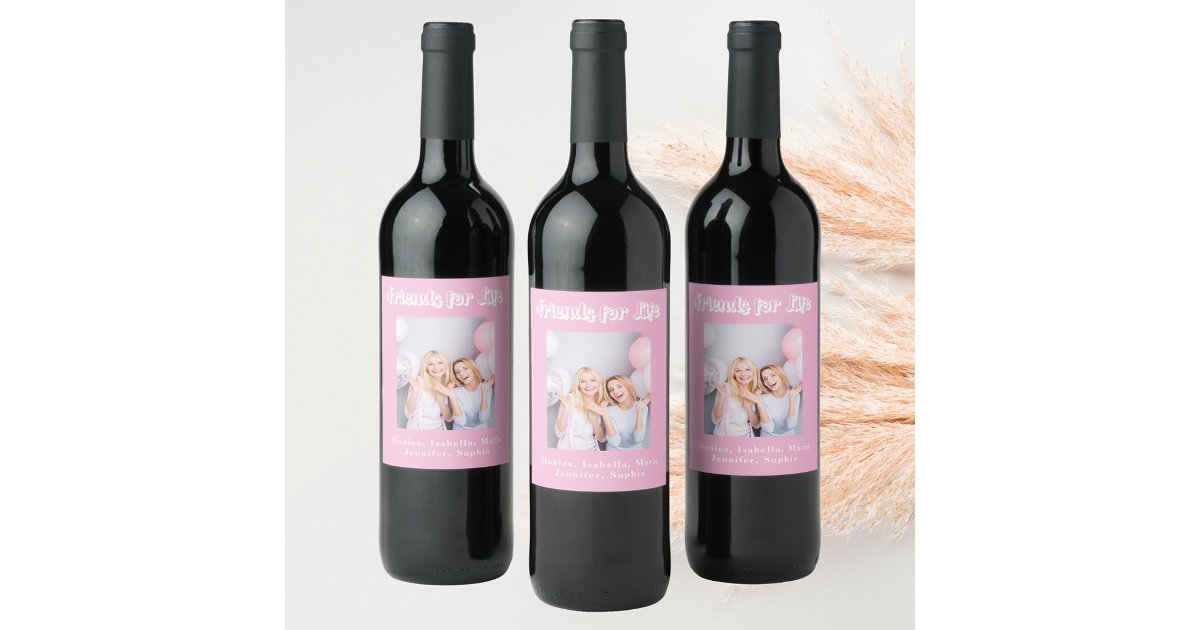 Best friends pink pastel photo names party wine label | Zazzle