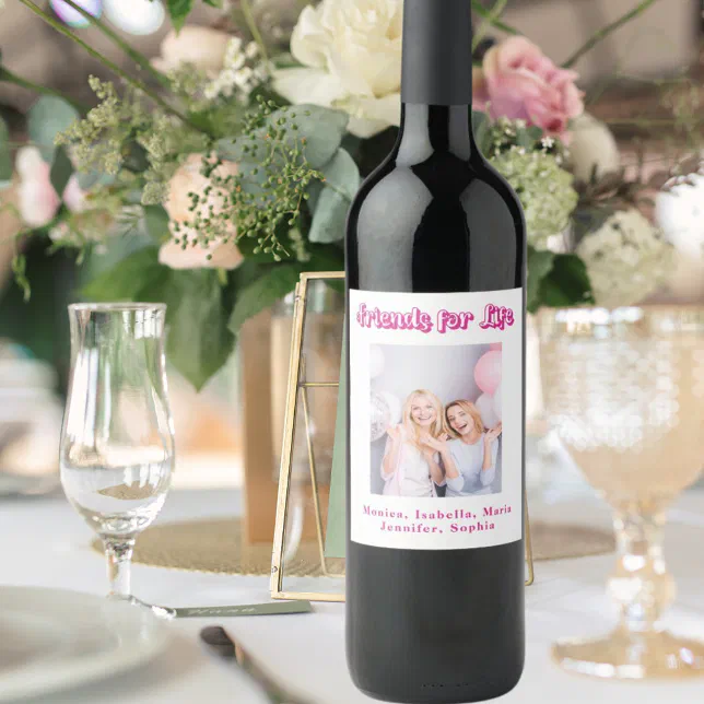 Best friends pink white photo names party wine label | Zazzle