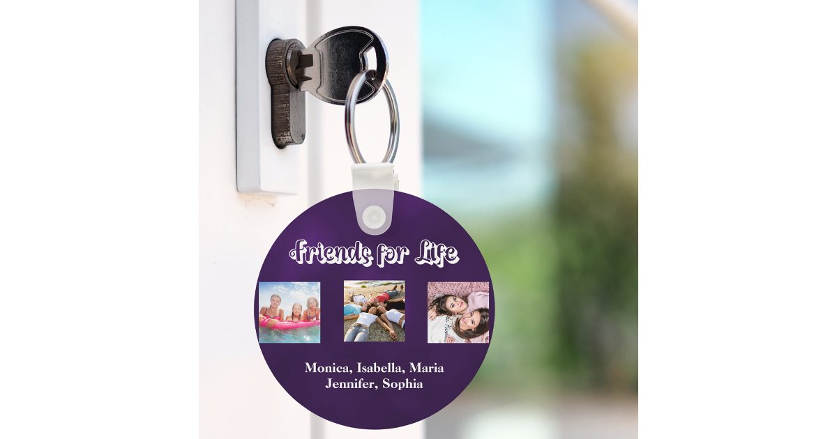 Best friends purple white script photos keychain | Zazzle
