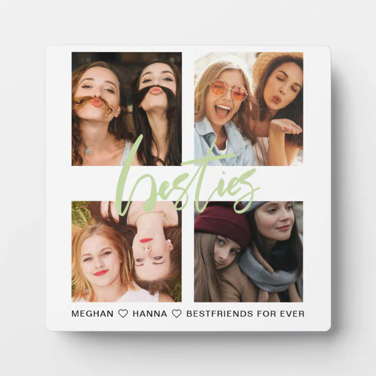 Best friends Square 4 Photos collage green besties Plaque | Zazzle
