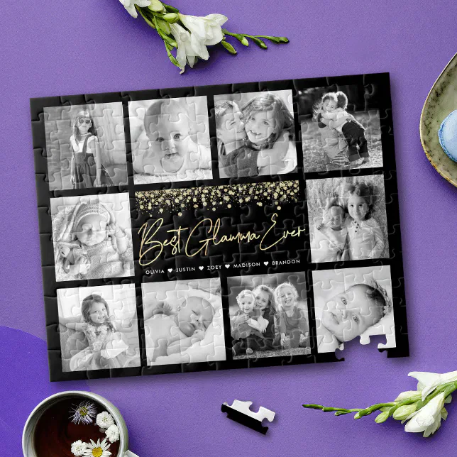 Best Glamma Ever 10 Photo Collage Gold Glitter Jigsaw Puzzle | Zazzle