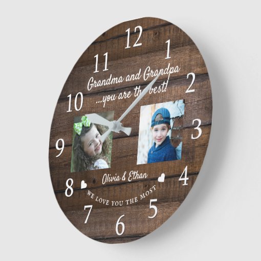 Best Grandma and Grandpa Grandkids 2 Photo Wood Large Clock | Zazzle