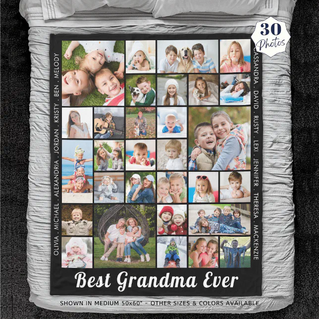 BEST GRANDMA EVER 30 Photo Collage Personalized Fleece Blanket | Zazzle