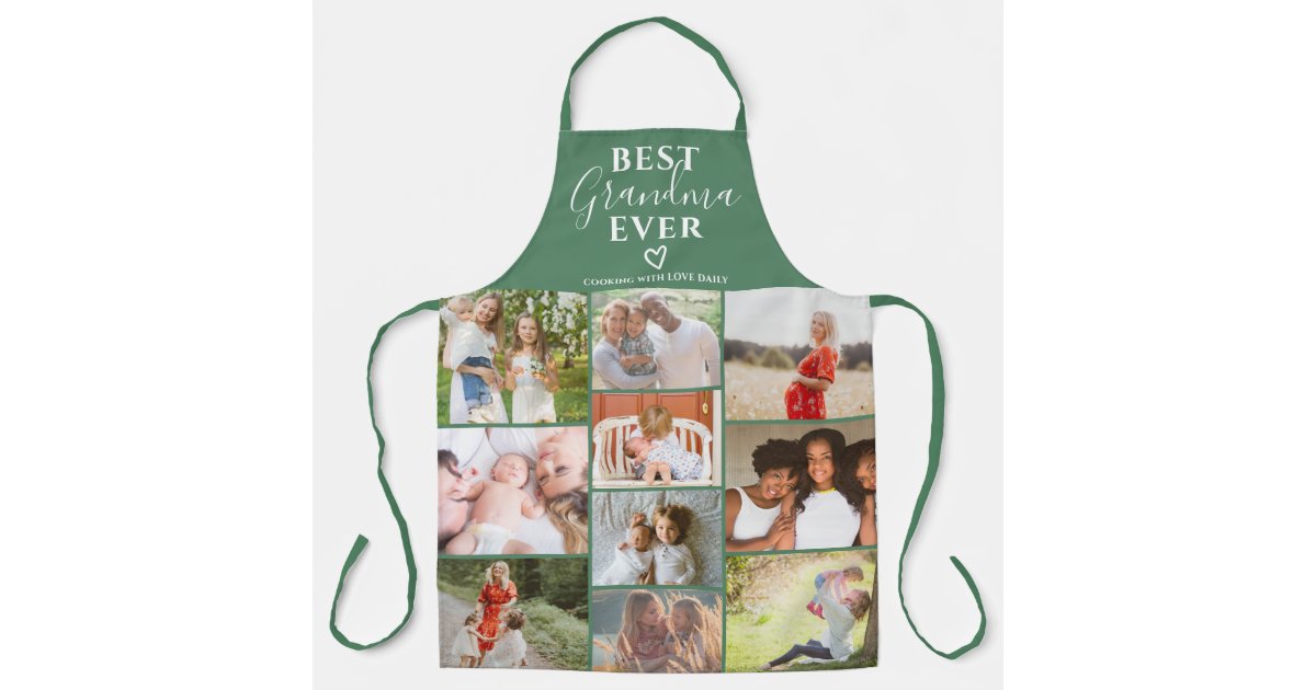 Best grandma ever green 10 photo collage grid apron | Zazzle