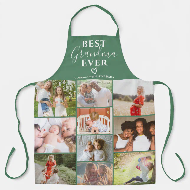 Best grandma ever green 10 photo collage grid apron | Zazzle