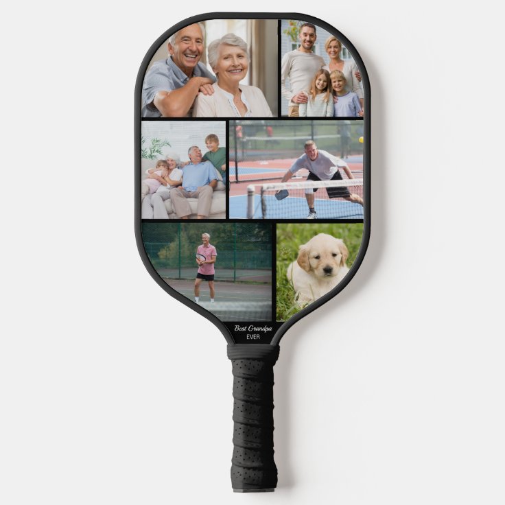 Best Grandpa Dad Ever Photo Collage Black Pickleball Paddle | Zazzle