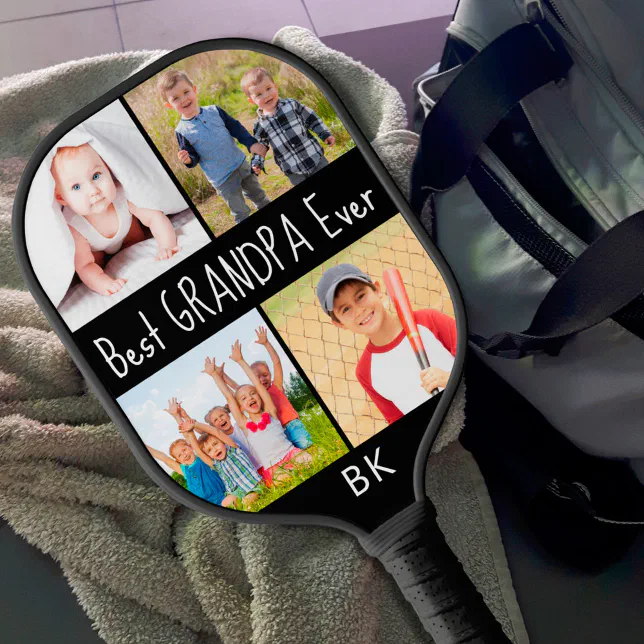 Best Grandpa Ever 4 Photo Monogram Your Color Pickleball Paddle | Zazzle