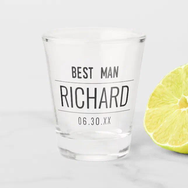 Best Man Modern Black Typography Monogram Shot Glass | Zazzle