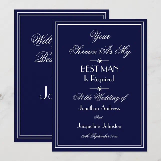 Best Man Wedding Custom Elegant Navy Blue Proposal Invitation | Zazzle