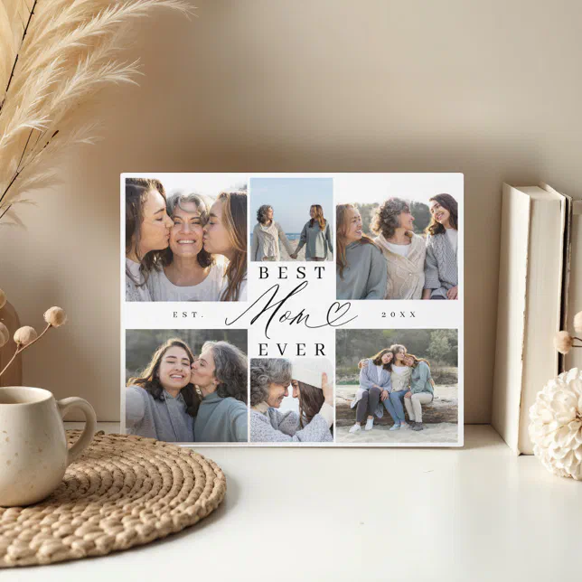 Best Mom Ever Mom Script Heart Photo Collage Plaque | Zazzle