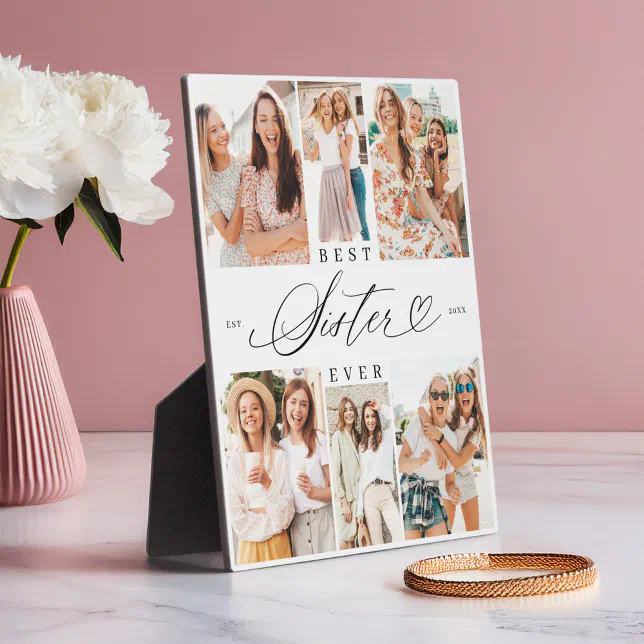 Best Sister Ever Sister Script Heart Photo Collage Plaque | Zazzle