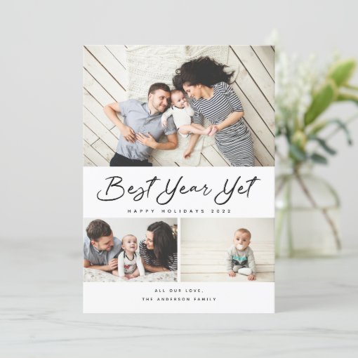 Best Year Yet Modern Script 3 Collage Photo Holiday Card | Zazzle