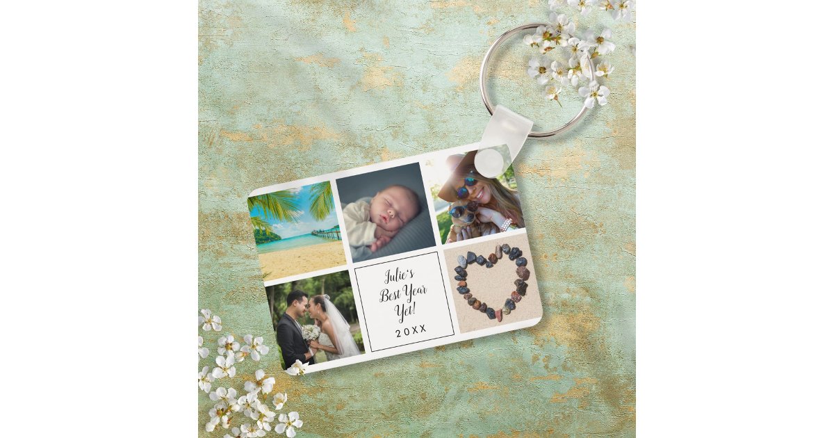 Best Year Yet Script 10 Photo Collage Keychain | Zazzle