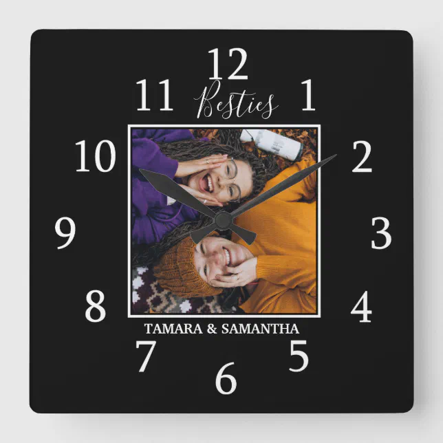 Besties BFF Photo Best Friend Name Black Square Wall Clock | Zazzle