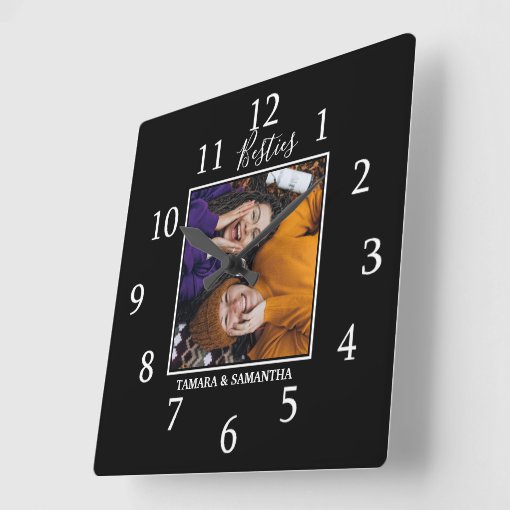 Besties BFF Photo Best Friend Name Black Square Wall Clock | Zazzle