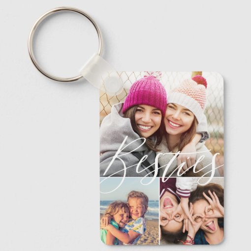 Besties Script 3 Photo Best Friends Collage BFFs Keychain | Zazzle