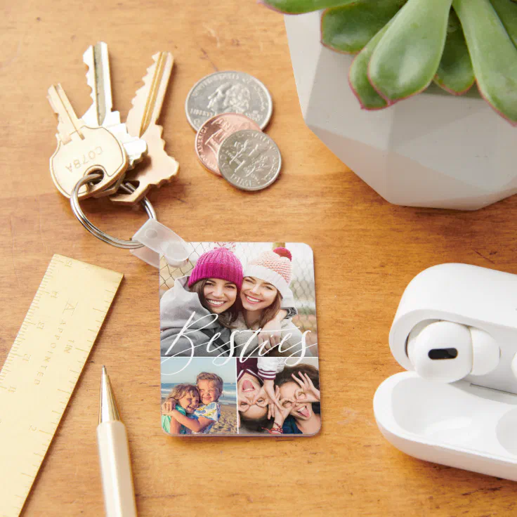 Besties Script 3 Photo Best Friends Collage BFFs Keychain | Zazzle