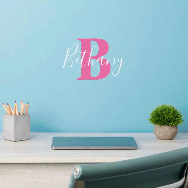 Bethany name and initial monogram white pink wall decal | Zazzle