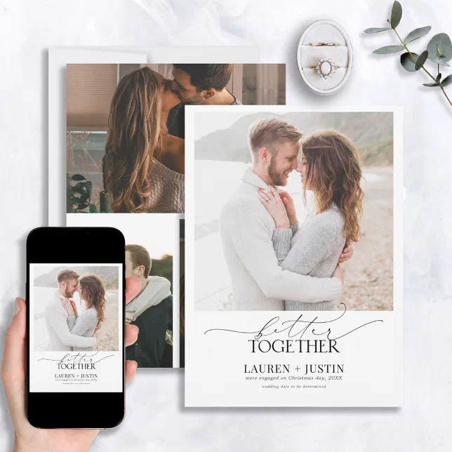 Better Together Black & White 4 Photo Engagement Invitation | Zazzle