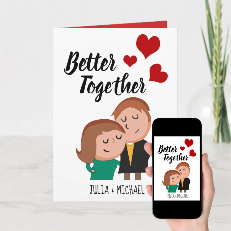 Better Together Cartoon Couple Hearts Card | Zazzle