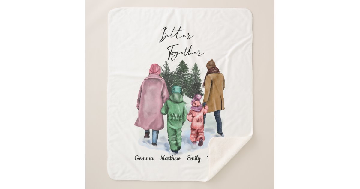 Better Together Winter Family of 4 with Names Sherpa Blanket | Zazzle