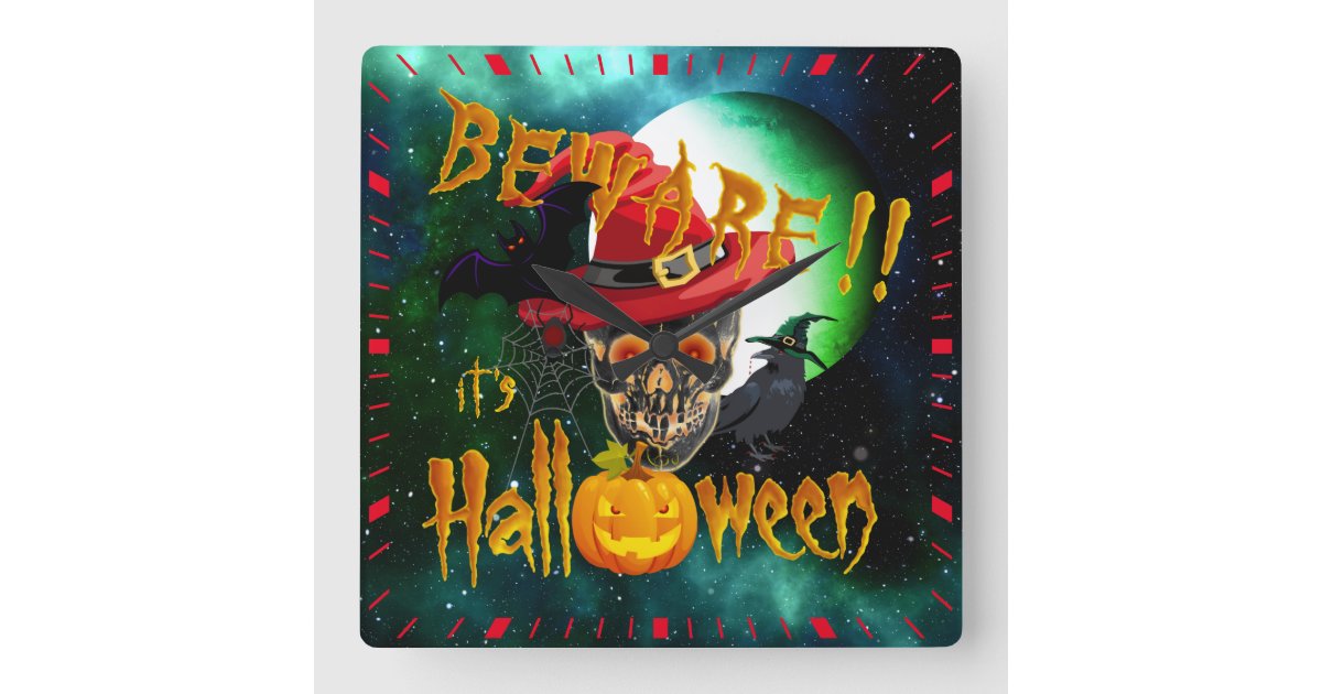 Beware it's Halloween Creepy Skull & Moon Square Wall Clock | Zazzle