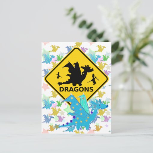 Beware of Dragons Blue Cartoon Dragon Postcard | Zazzle